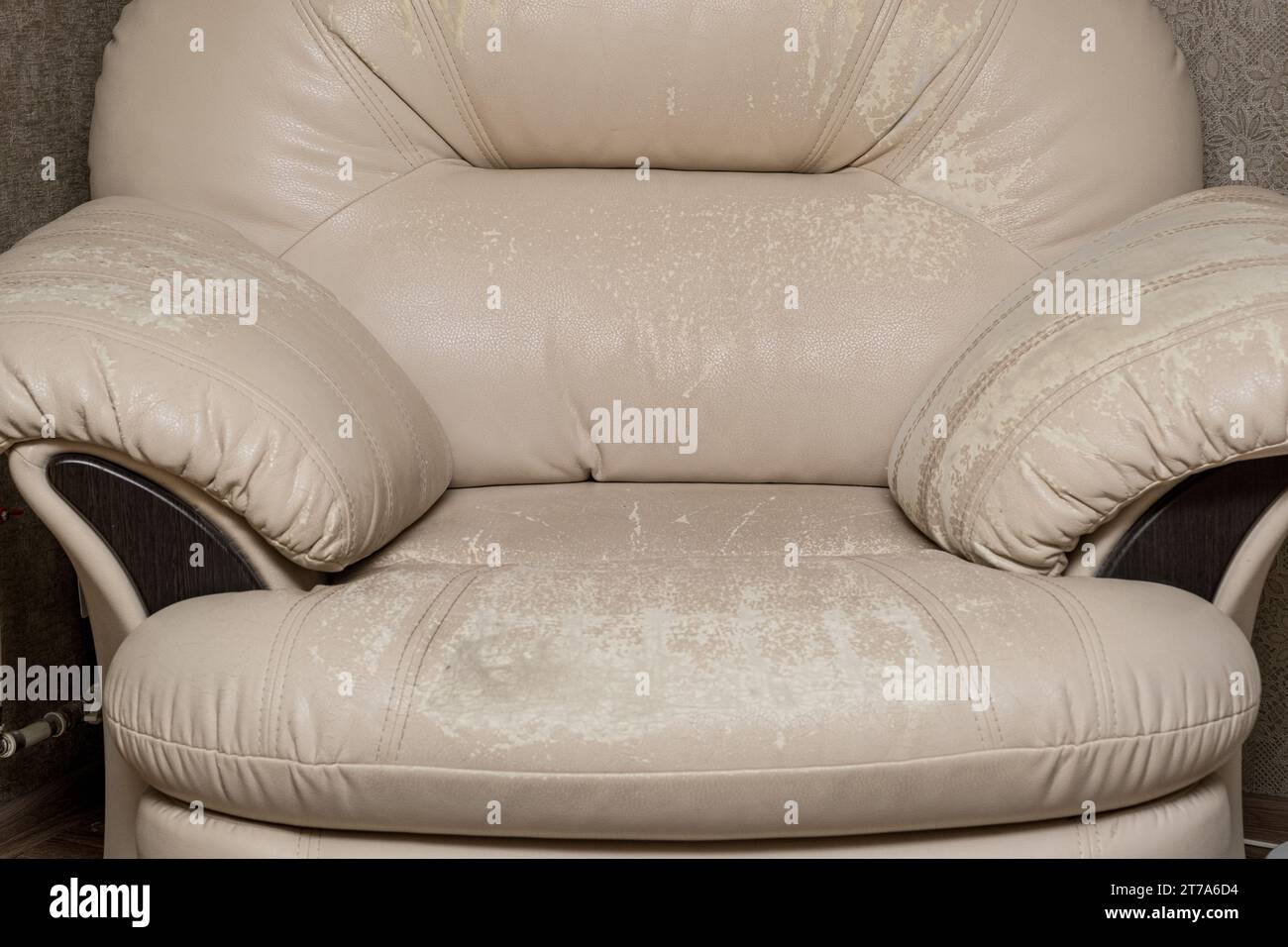 Defects on a white leather sofa. Damaged to leather furniture Stock ...