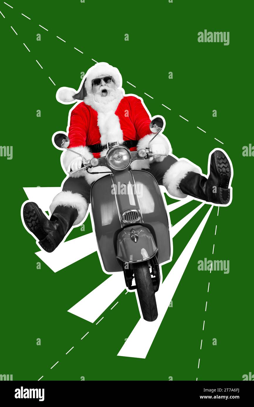 Vertical collage picture of impressed black white colors santa drive ...