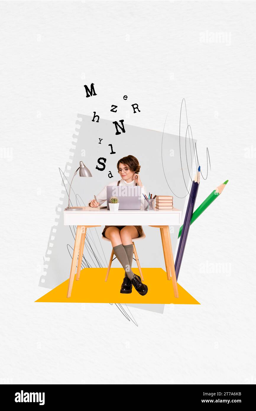 Vertical creative collage image of young female student letters ...