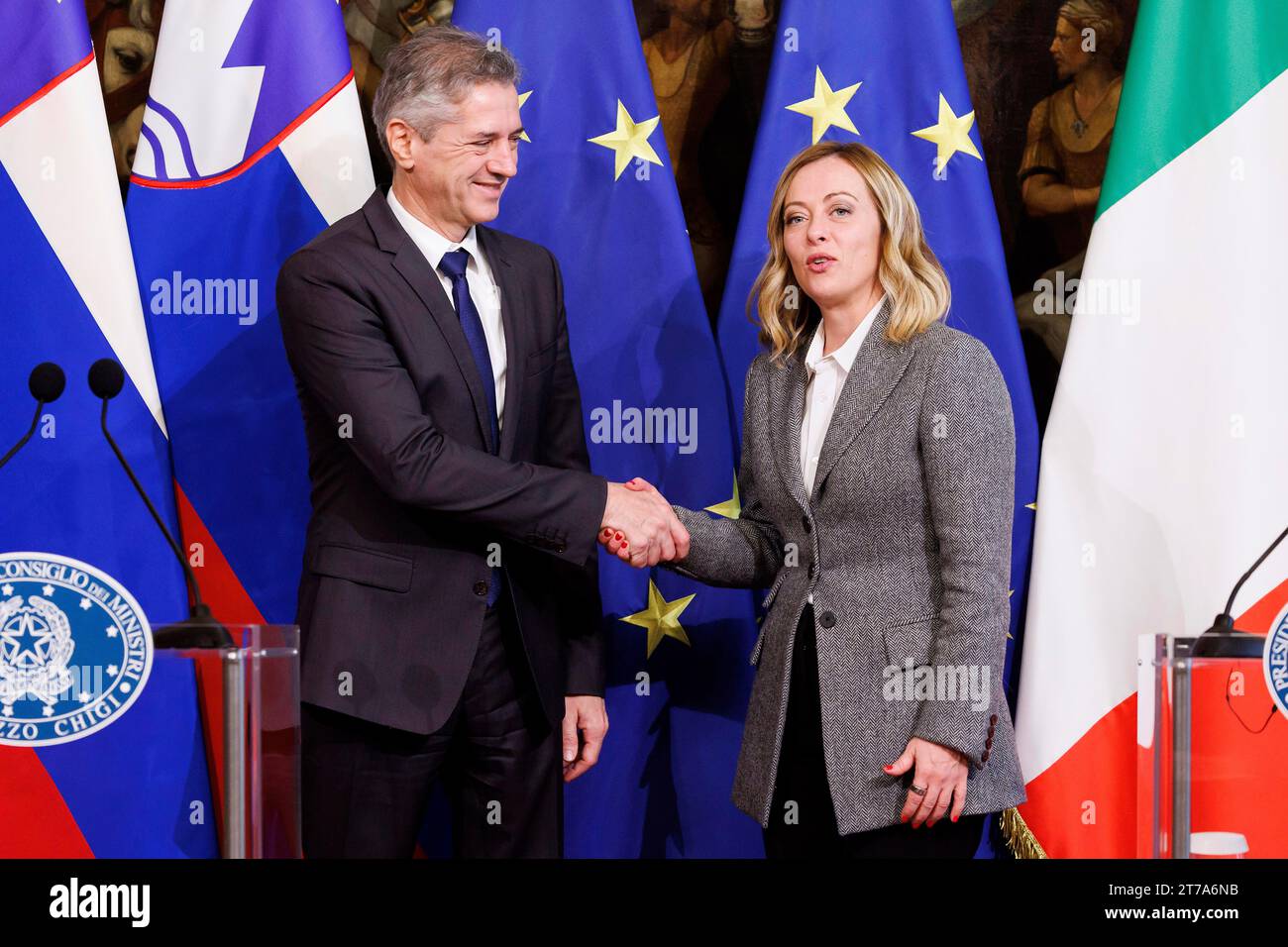 Italian Premier Giorgia Meloni, right, meets Slovenia's Prime Minister ...