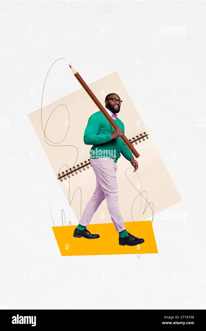 3d retro abstract creative collage of young man walk hold pencil ...