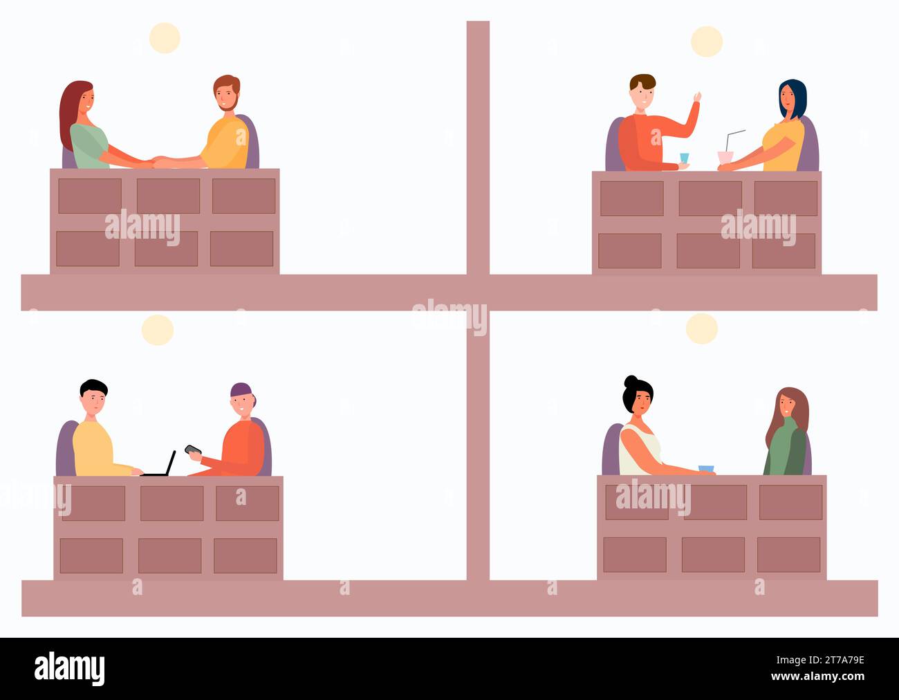 Portrait of people in a cafe on a remote connection. Flat vector ...