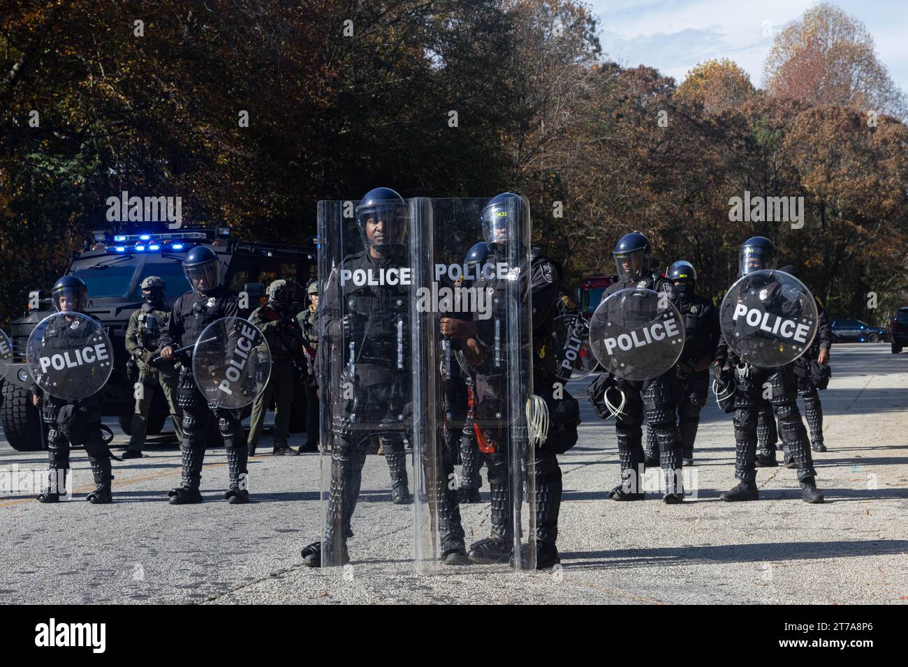 Atlanta, USA. 13th Nov, 2023. Police, with shields and riot munitions ...