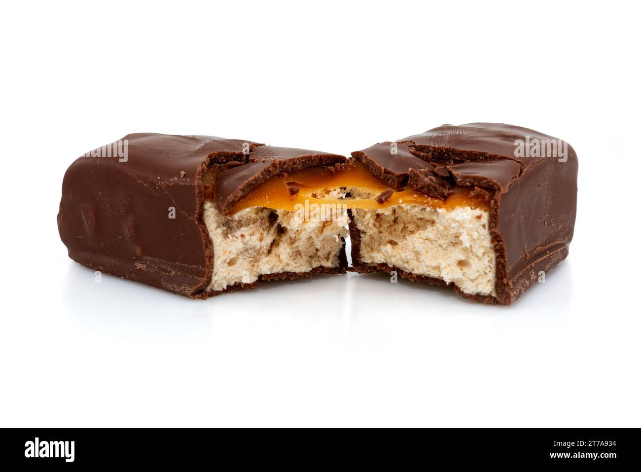 Chocolate bar with nougat on a white background. The candy bar is ...