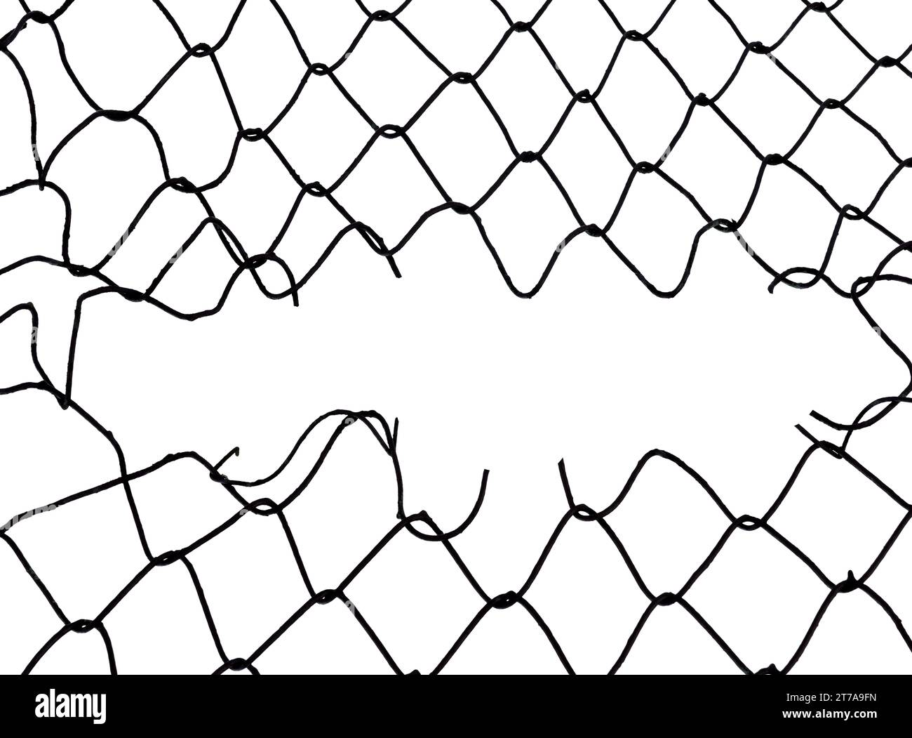 The texture of the metal mesh. Torn, destroyed, broken metal mesh on a ...