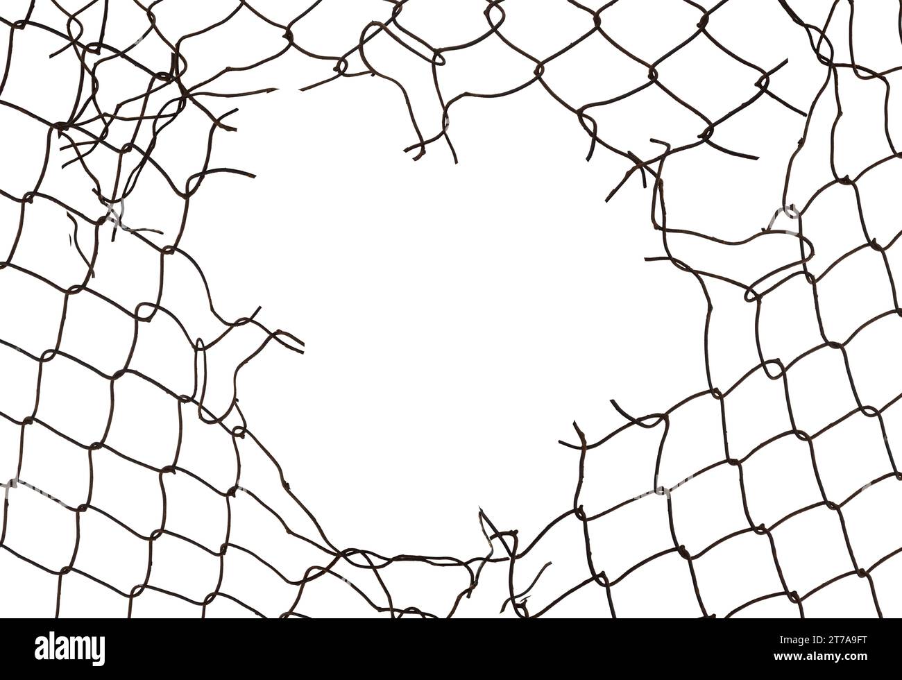The texture of the metal mesh. Torn, destroyed, broken metal mesh on a ...