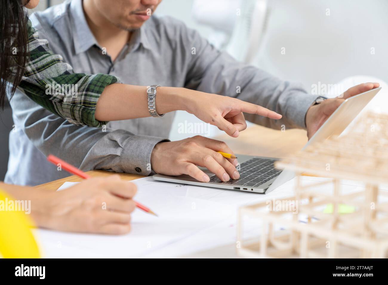 Architect engineer working design a modern house. concepts of building ...