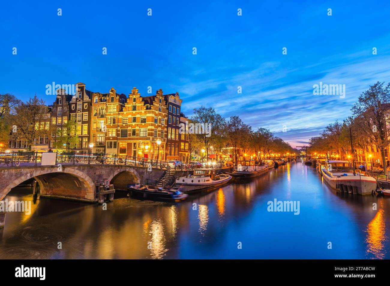 Amsterdam Netherlands, night city skyline at canal waterfront Stock ...