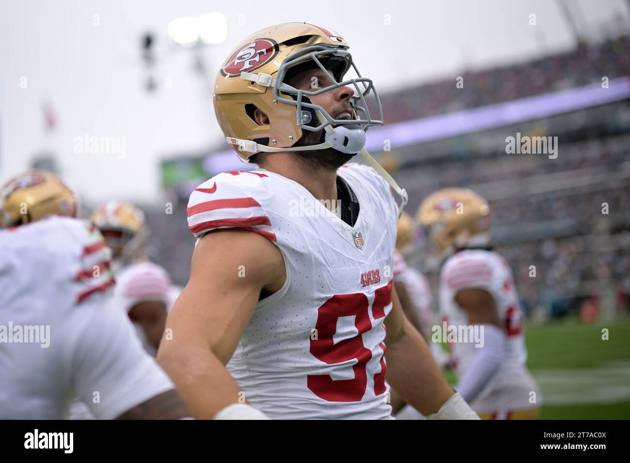 San Francisco 49ers defensive end Nick Bosa (97) celebrates his fumble ...