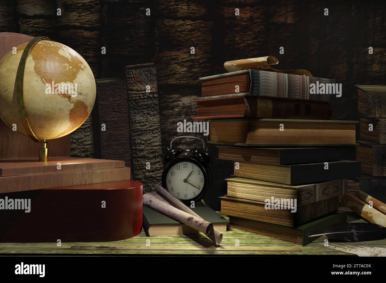 Stack of vintage old books with maps, globe and alarm clock on a table ...