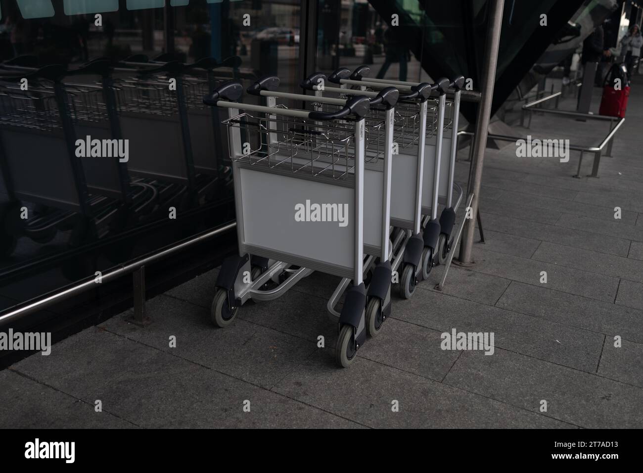 Luggage trolley at the airport. Close up of trolley in airport terminal ...