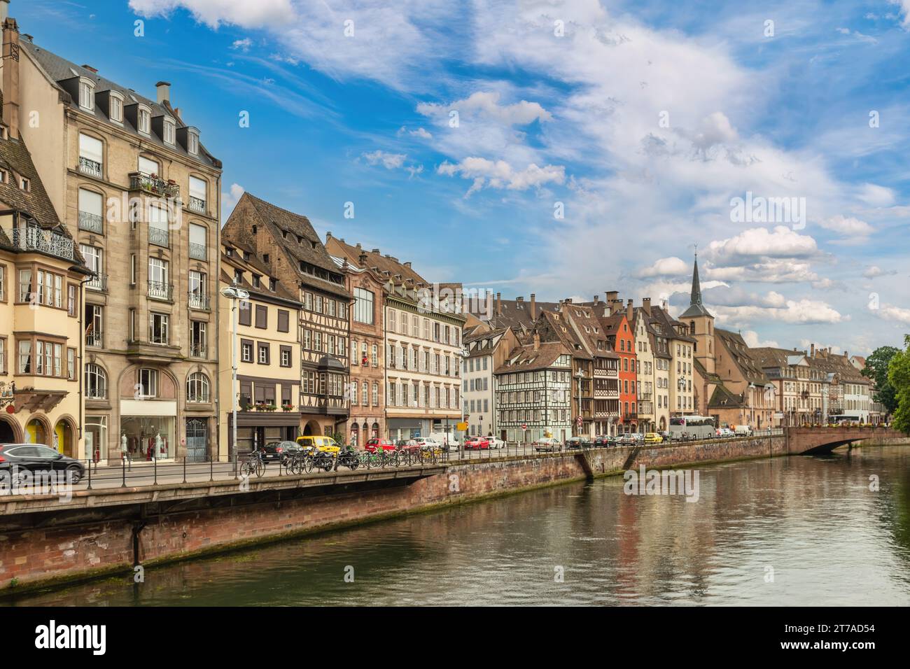 Strasbourg France, colorful Half Timber House city skyline and Ill ...