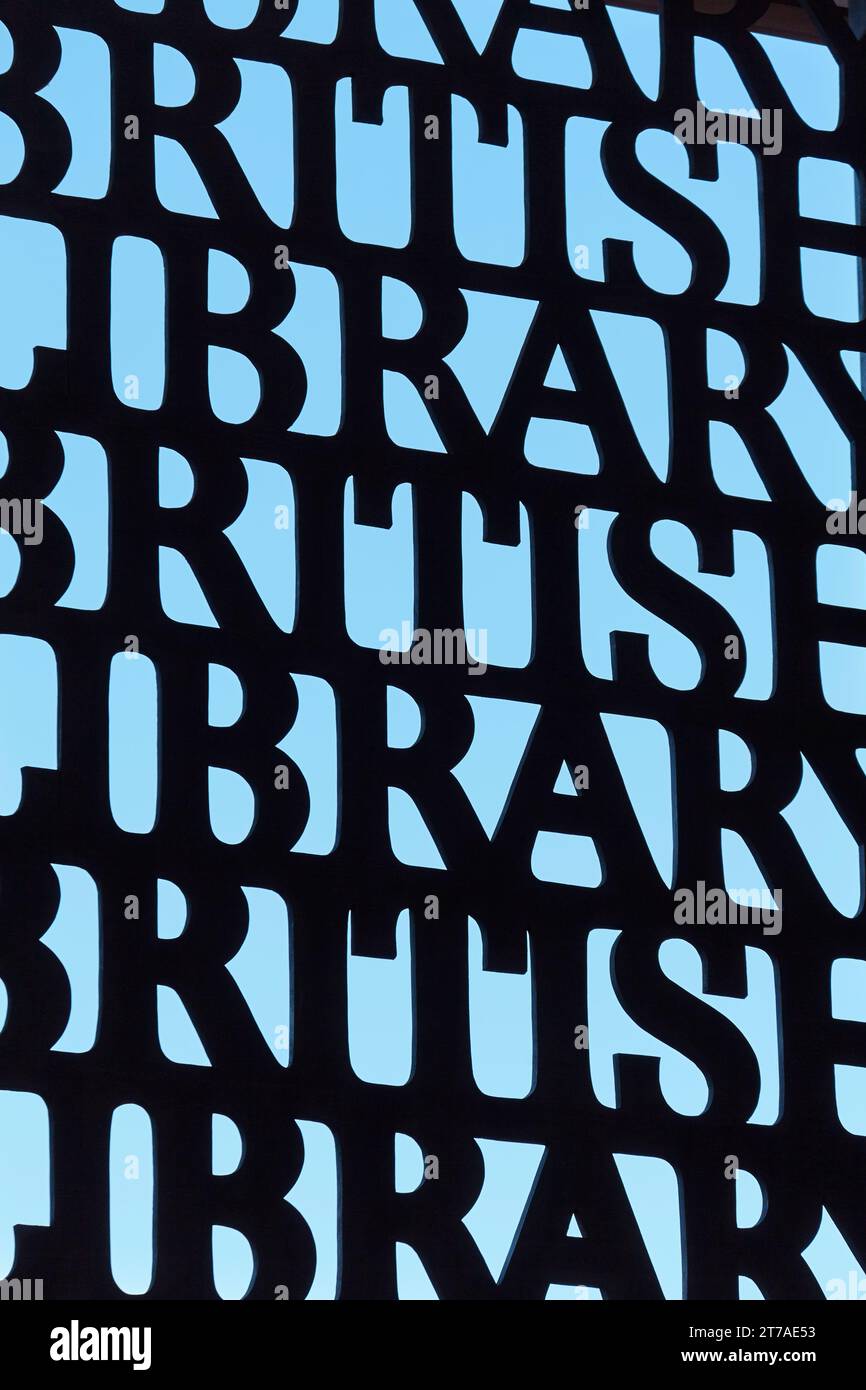 The British Library grating at the entrance with serif lettering the ...