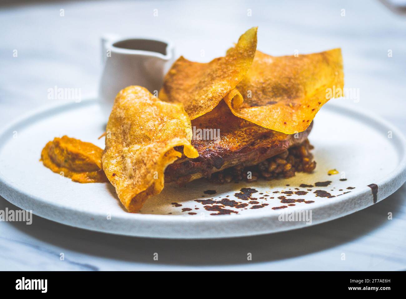 48 HR Air Dried Duck Leg Confit, Spiced Honey Glaze, Potato Sheets ...