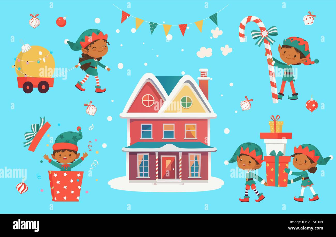 Set of cute playful Christmas elves. Collection of cute Santa Claus ...