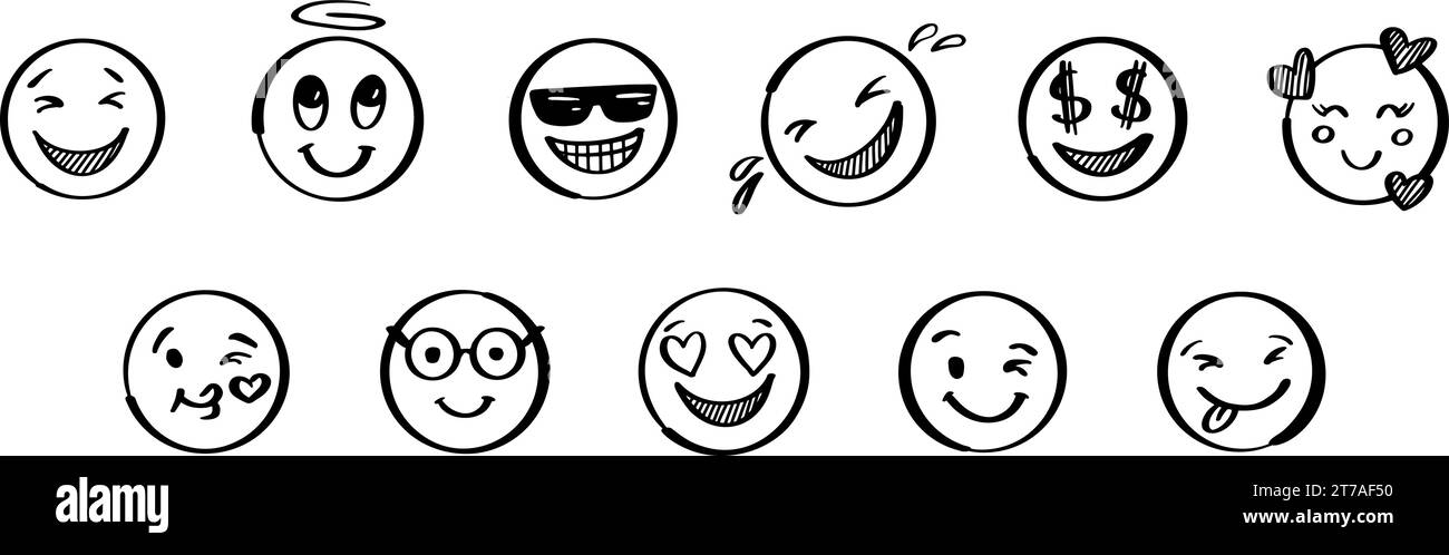 Doodle positive emoji set. Hand drawn sketch vector illustration. Pack ...