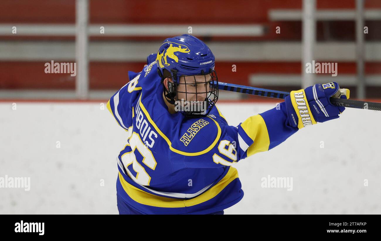Alaska forward Chase Dubois (16) shoots before the start of an NCAA ...