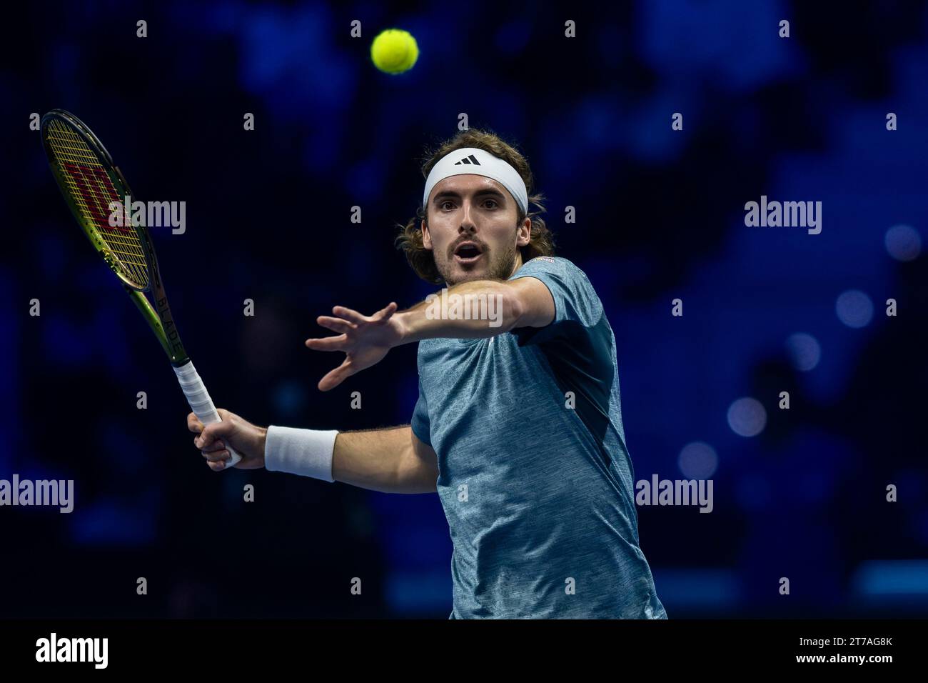 Turin, Italy. 14 November 2023. Stefanos Tsitsipas of Greece plays a ...