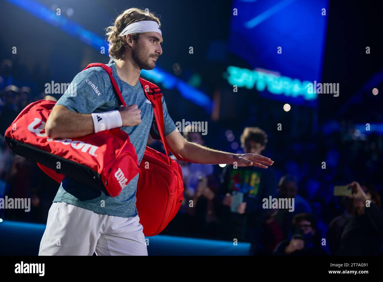 Turin, Italy. 14 November 2023. Stefanos Tsitsipas of Greece walks out ...