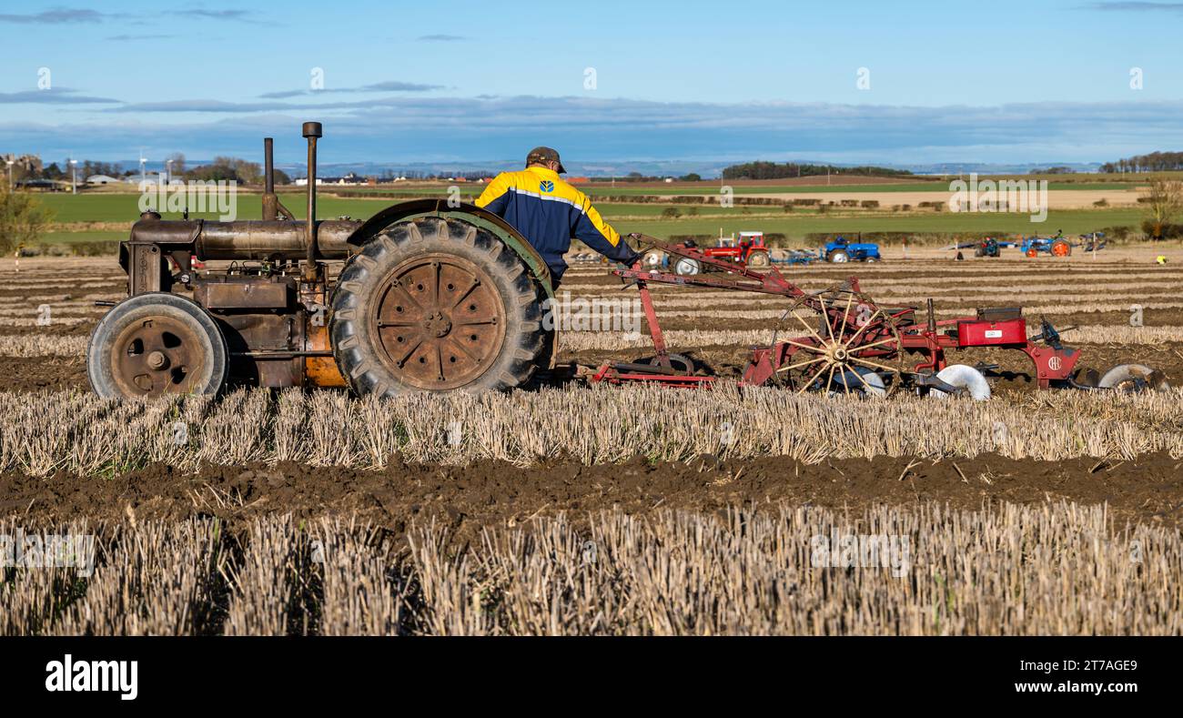 Vintage Fordson tractor ploughing furrows in ploughing match, East ...
