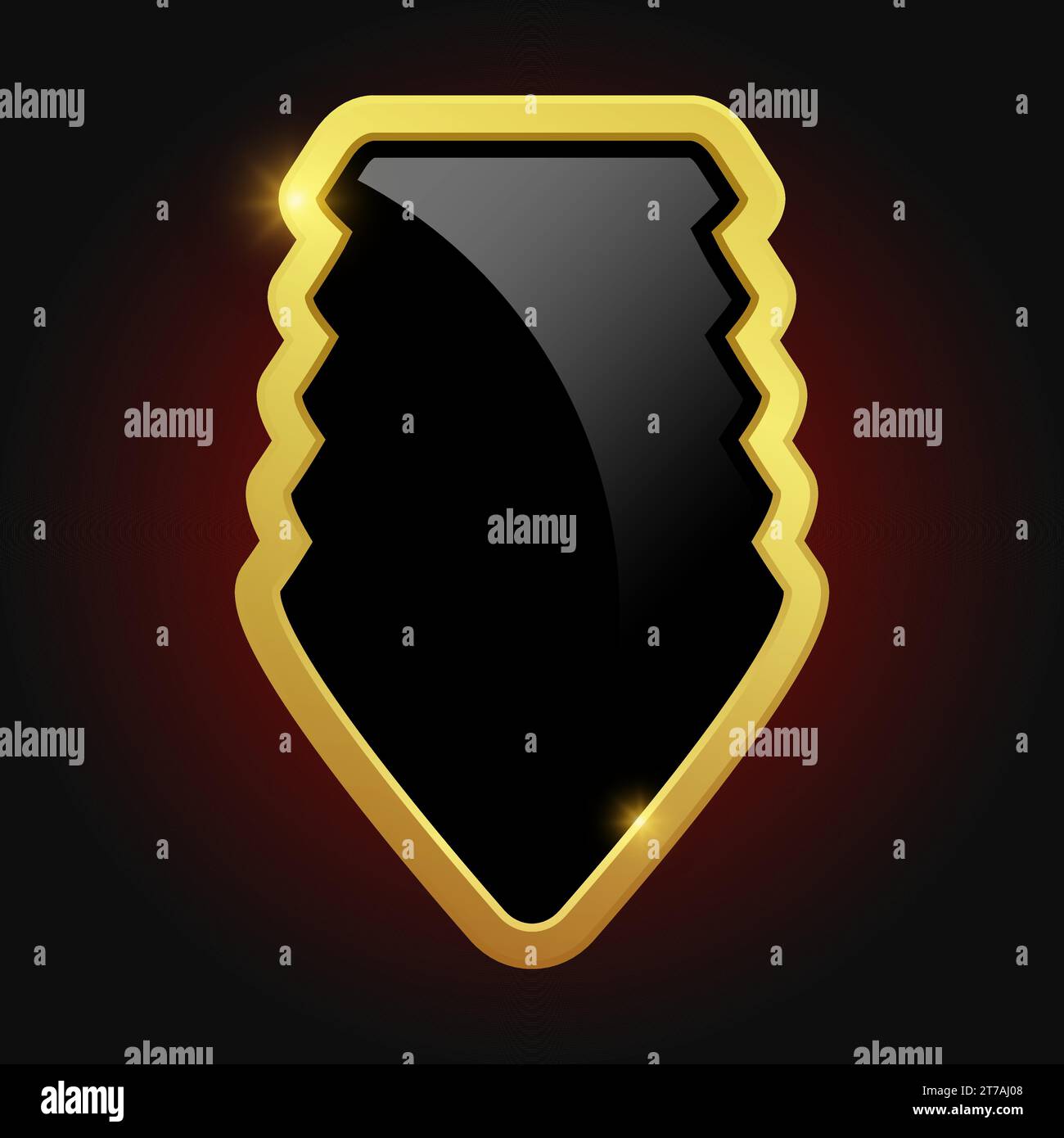 Black shield with glossy bright golden frame isolated on red background ...