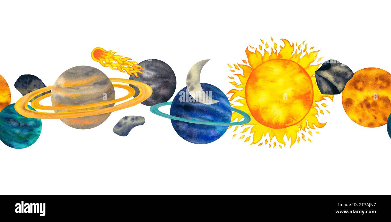 Watercolor space seamless border with planets of the solar system ...