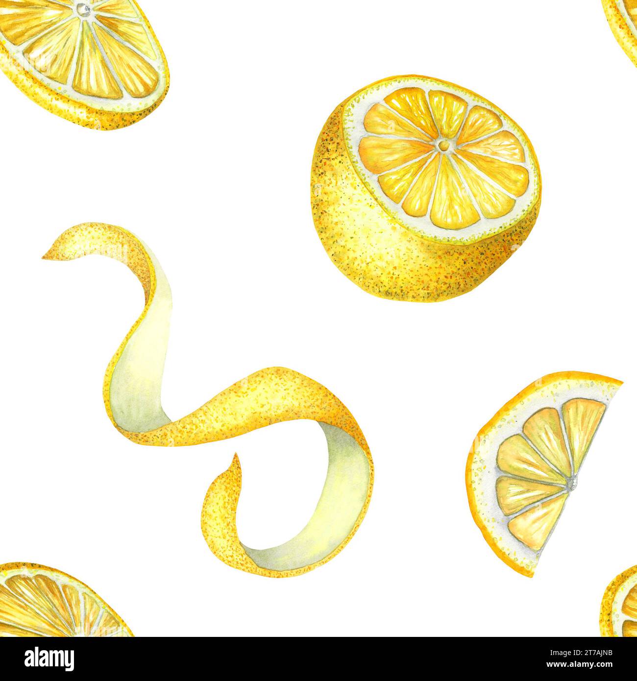 Watercolor fresh lemon seamless pattern with lemons, cut lemon and ...