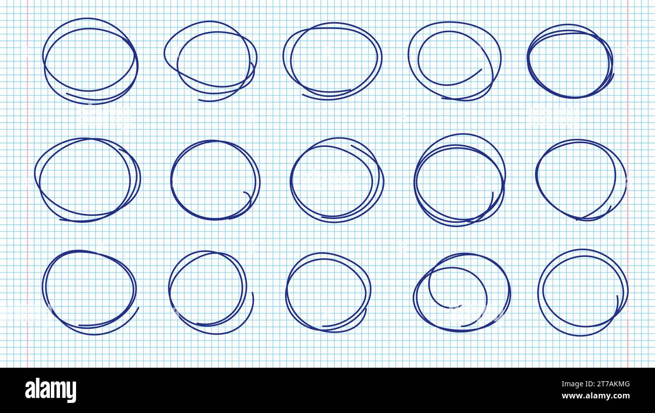 Hand drawn pen circles line sketch set on notebook pages. Drawing blue ...