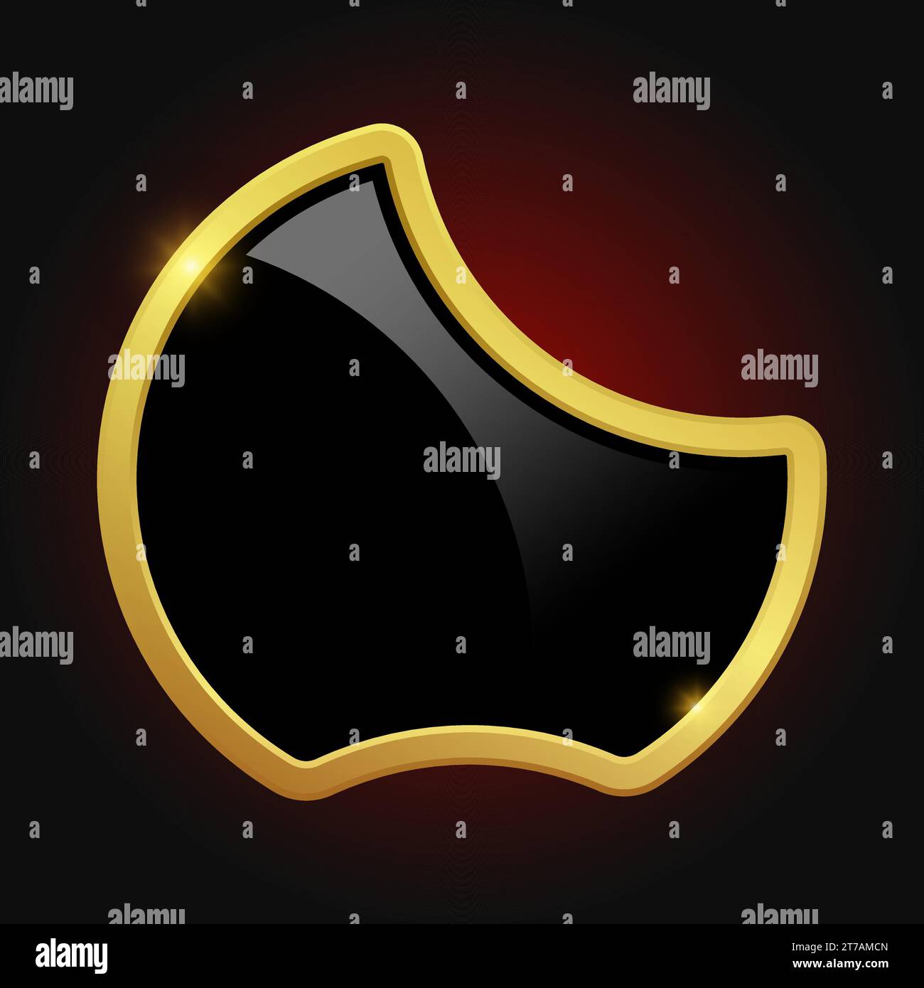 Black shield with glossy bright golden frame isolated on red background ...