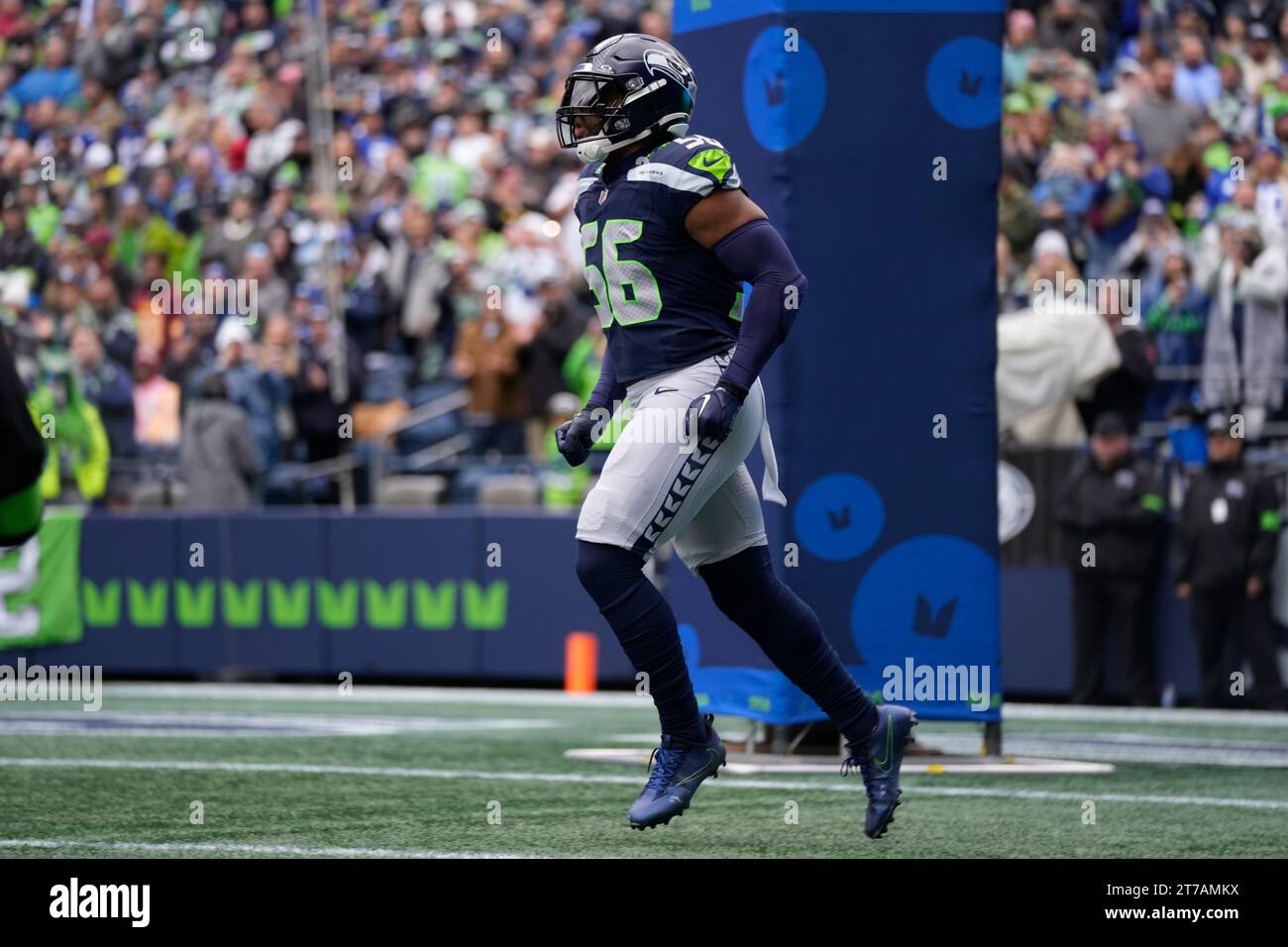 Seattle Seahawks linebacker Jordyn Brooks (56) runs onto the field ...