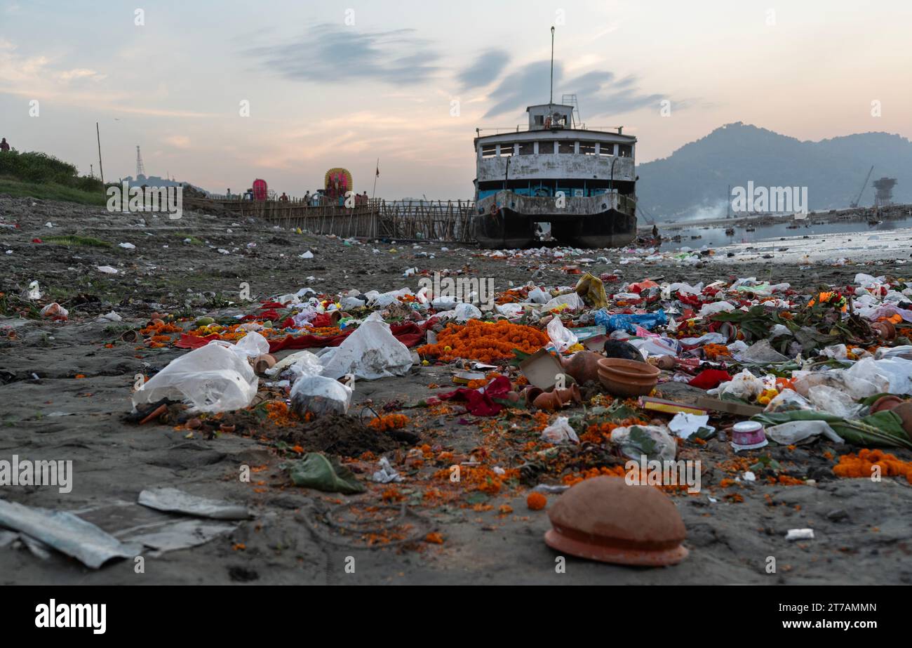 November 14, 2023: Plastic bags and puja ingredients and others litter ...