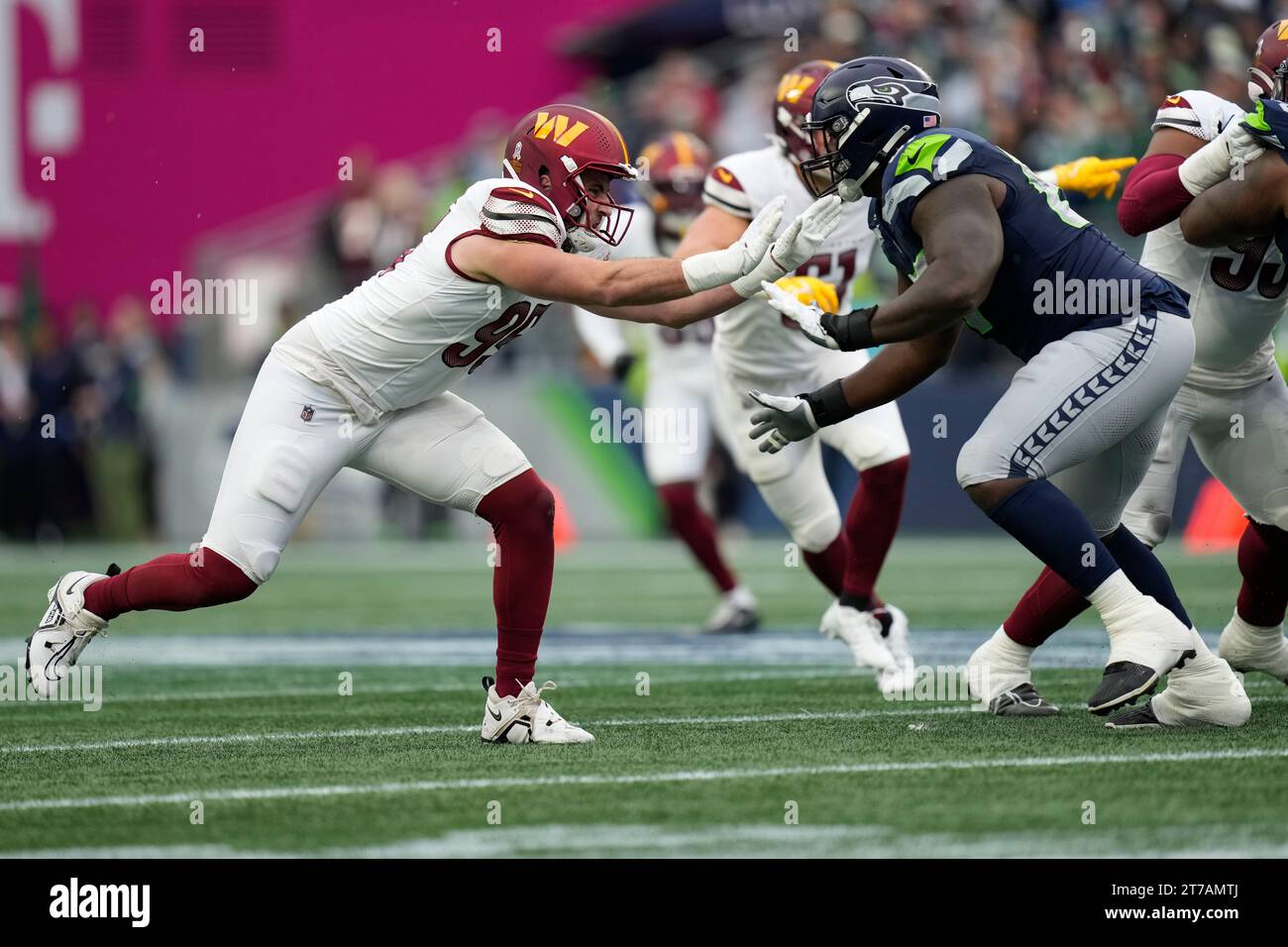 Seattle Seahawks defensive tackle Myles Adams (95) get set to block ...