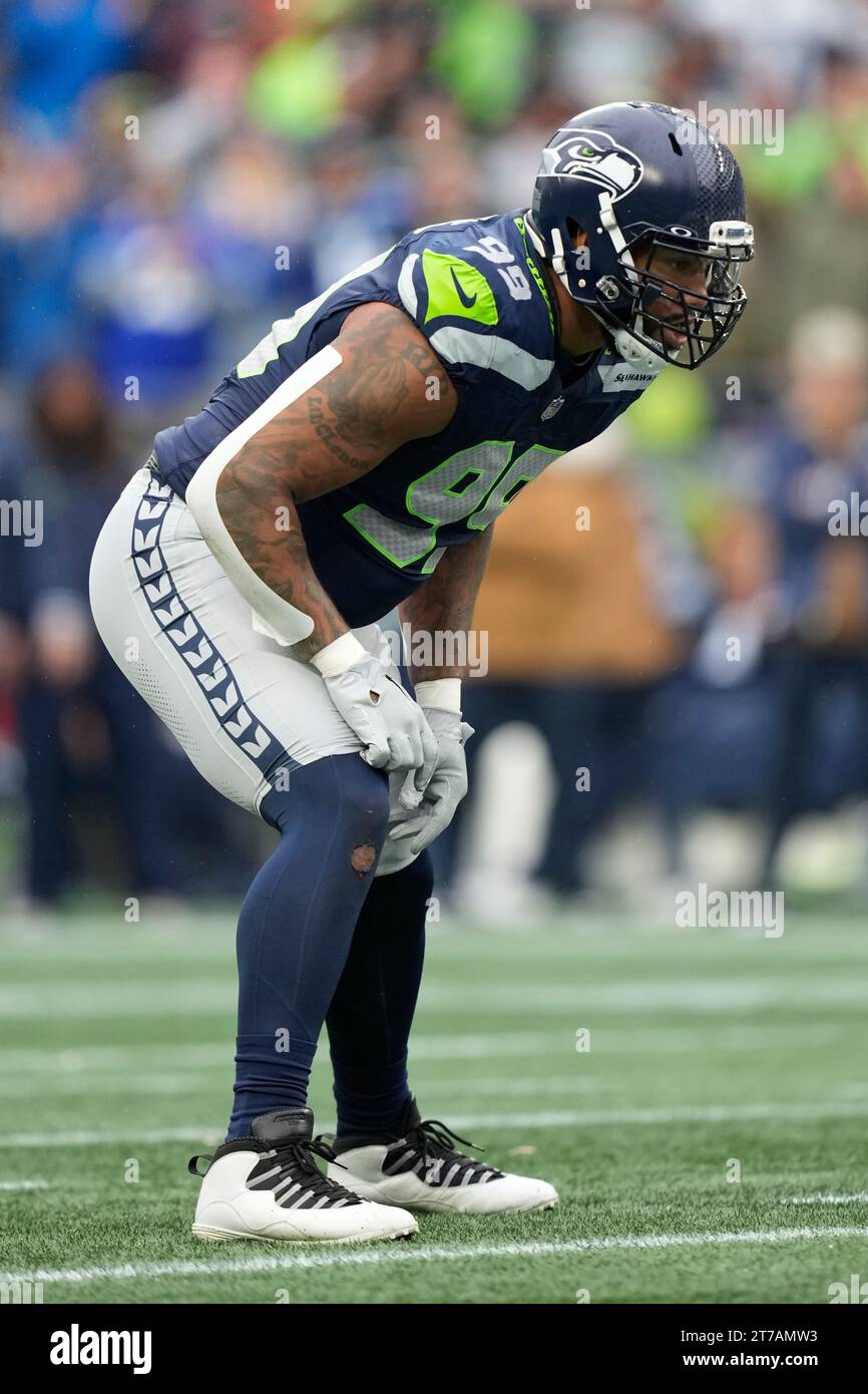 Seattle Seahawks defensive end Leonard Williams (99) gets set during an ...