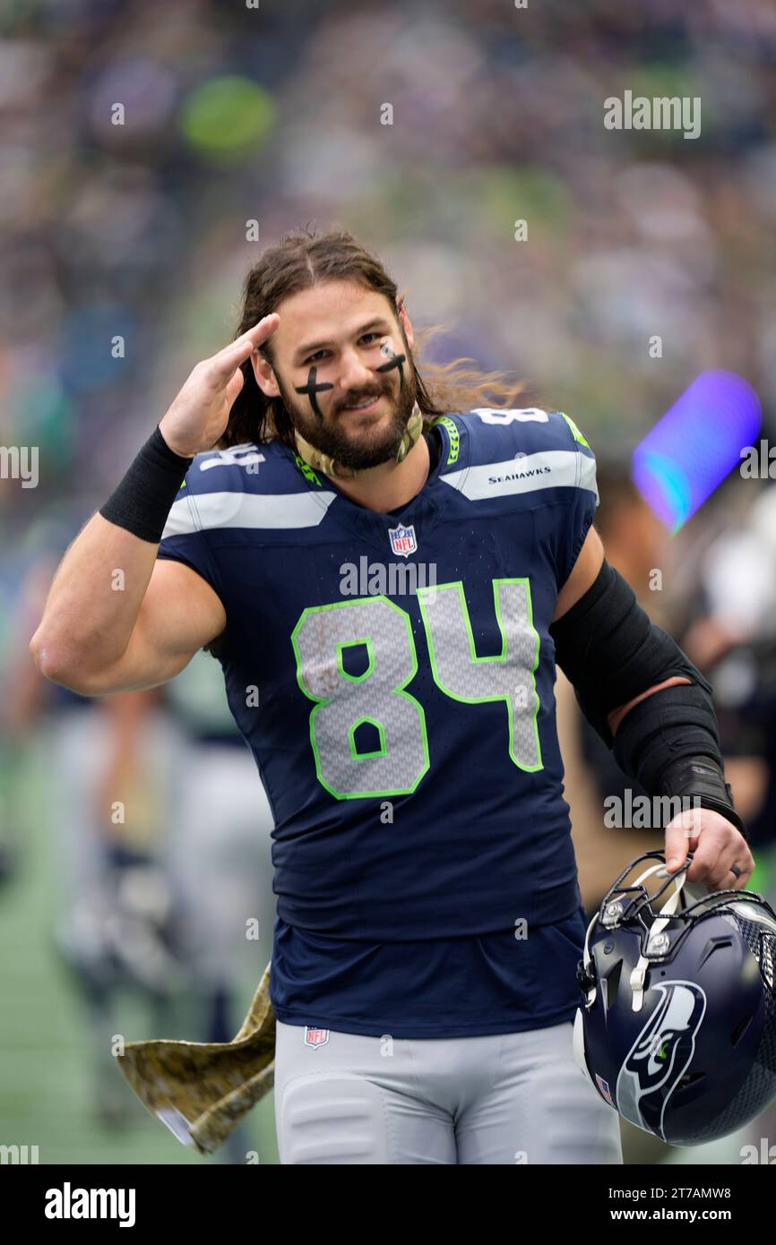 Seattle Seahawks tight end Colby Parkinson (84) looks on before an NFL ...
