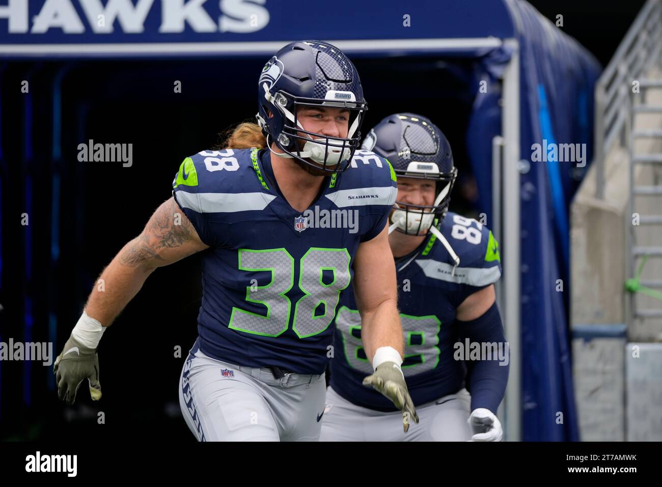 Seattle Seahawks tight end Brady Russell (38) runs onto the field before an NFL football game ...