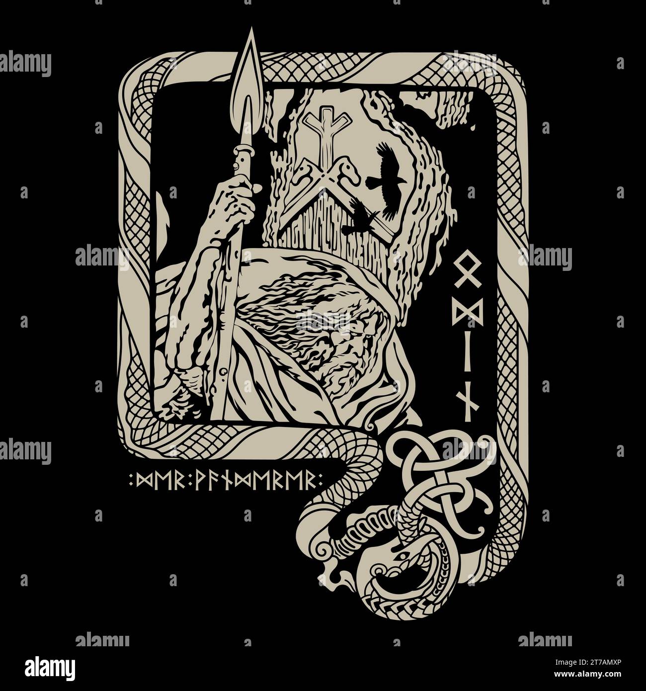 Viking-inspired design. Ancient Norse god Odin with a spear and two ...