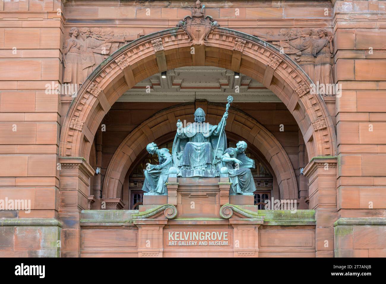Bronze sculpture of Patron Saint Mungo at the exterior of Kelvingrove ...