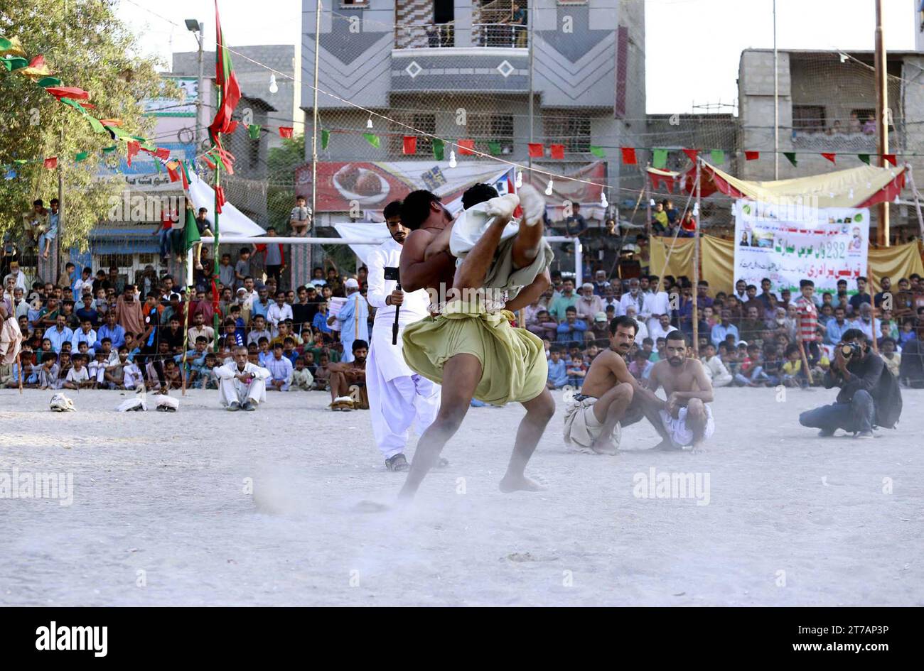 Wrestlers in action during the Sindh traditional wrestling Malh on the ...