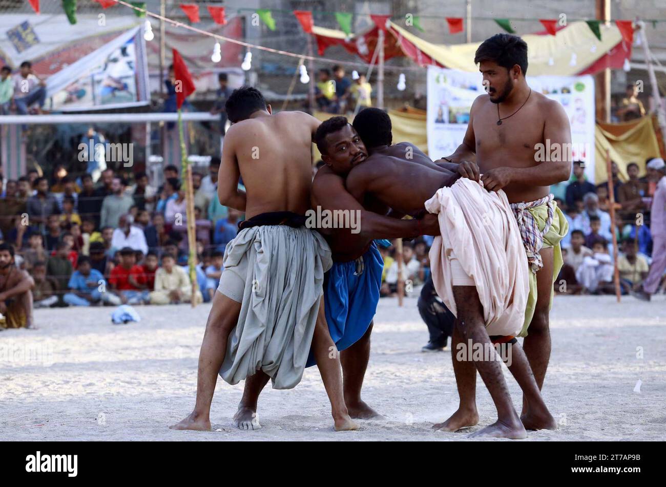 Wrestlers in action during the Sindh traditional wrestling Malh on the ...