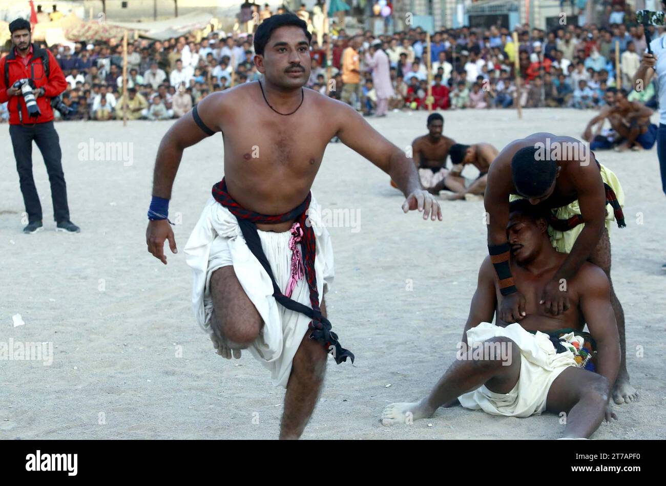Wrestlers in action during the Sindh traditional wrestling Malh on the ...