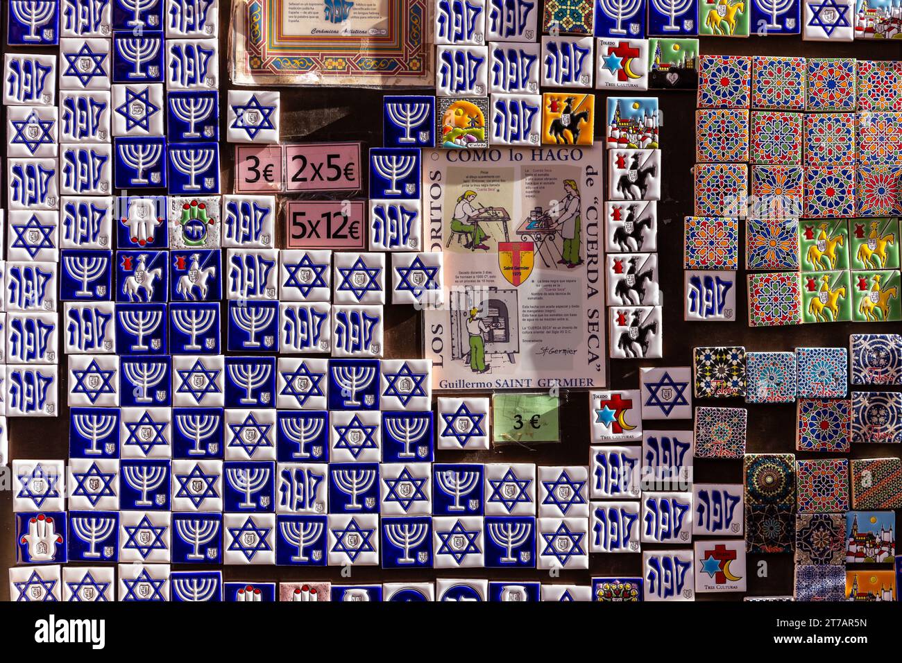 Toledo, Spain, 08.10.21. Souvenir shop display with white and blue ...