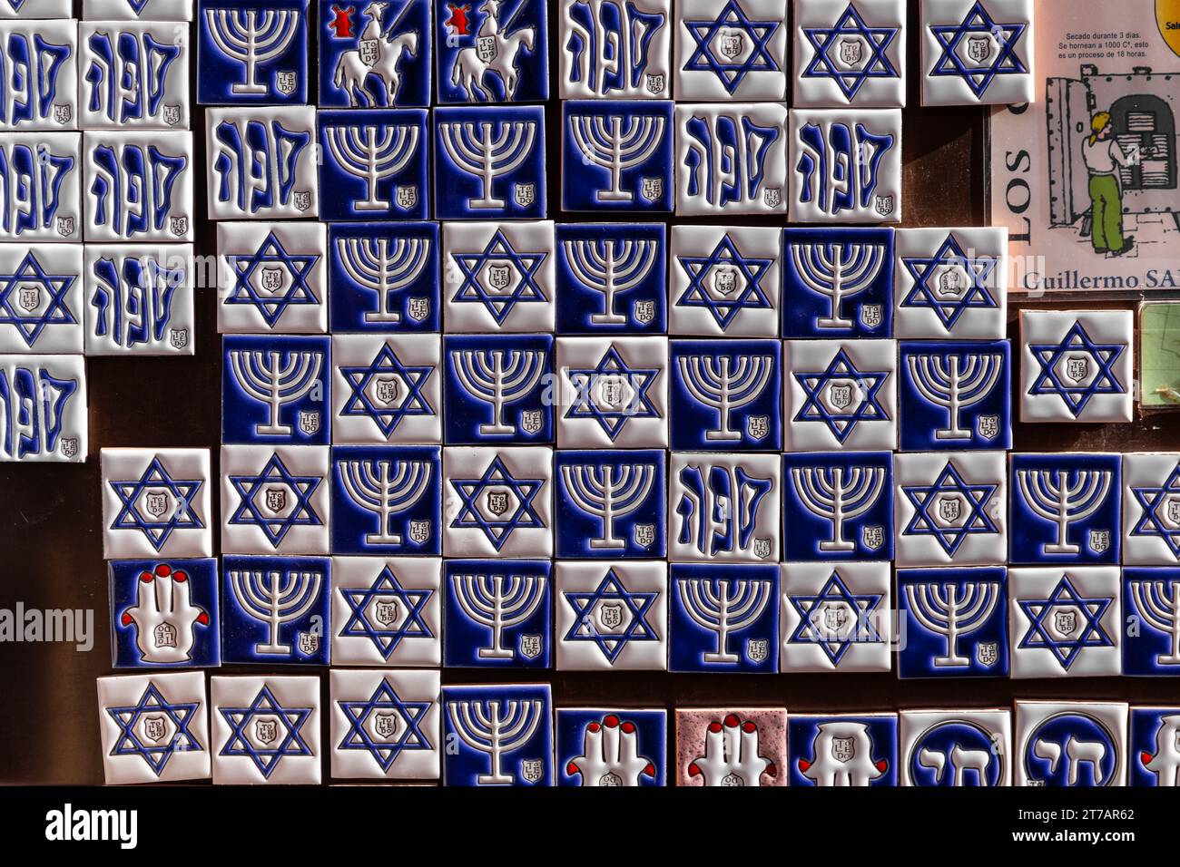 Toledo, Spain, 08.10.21. Souvenir shop display with white and blue ...