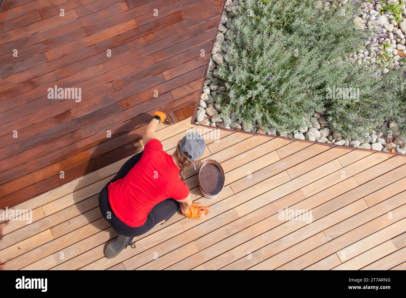 Refreshing of wood deck boards with UV protection pigment oil Stock ...