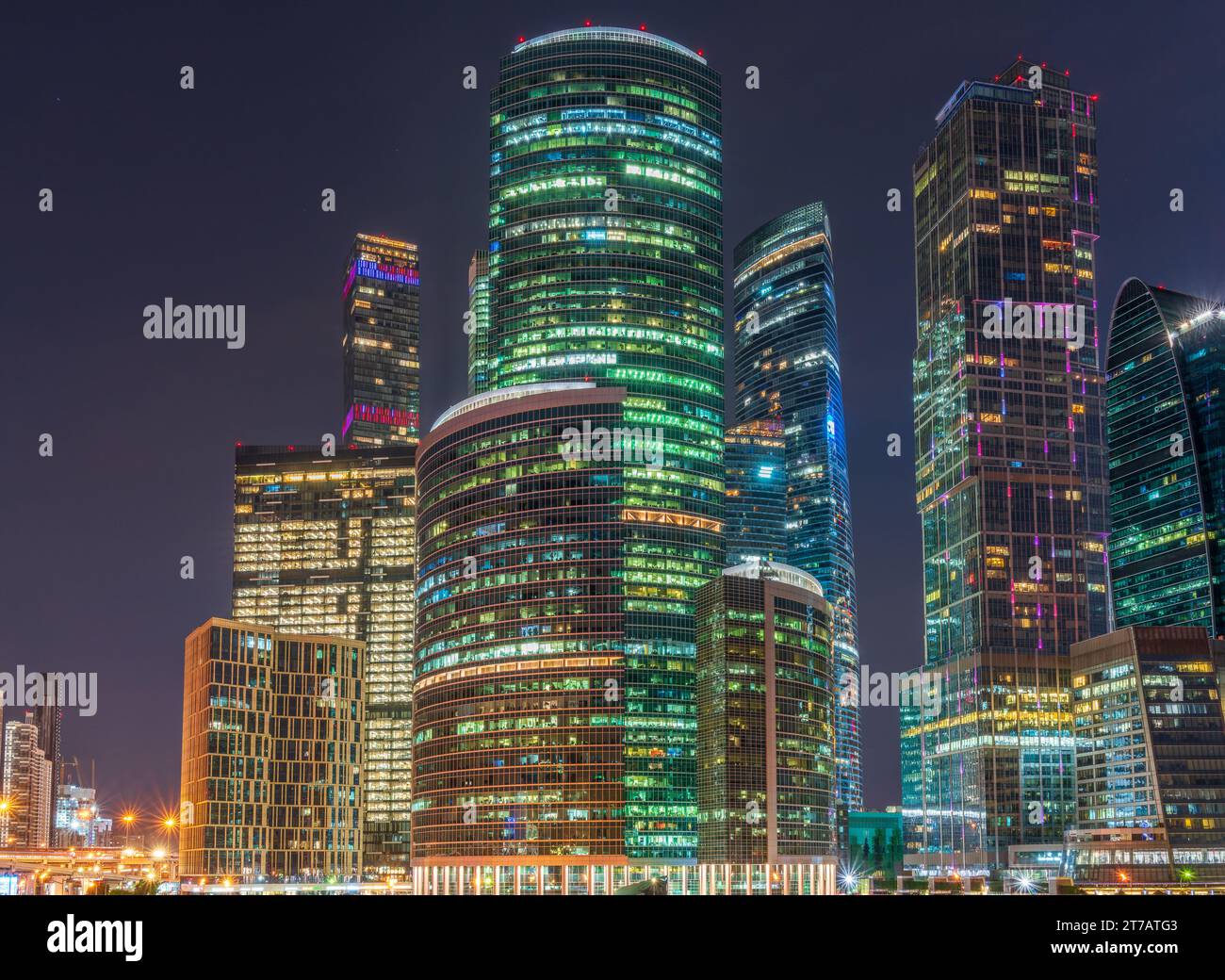 Moscow city at summer night. Modern skyscrapers in Moscow-city downtown ...