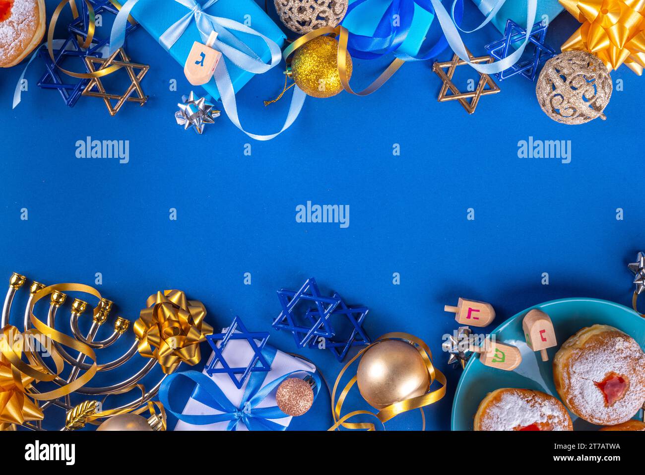 Happy Hanukkah greeting card background. Jewish New Year holiday flat ...