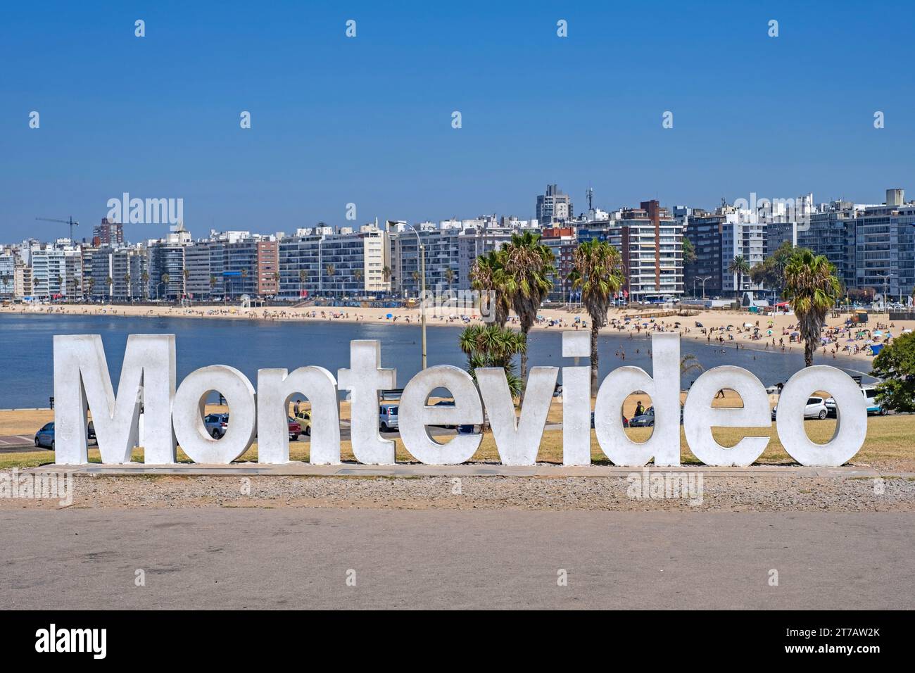Montevideo sign on Playa de los Pocitos beach on the banks of the Río ...