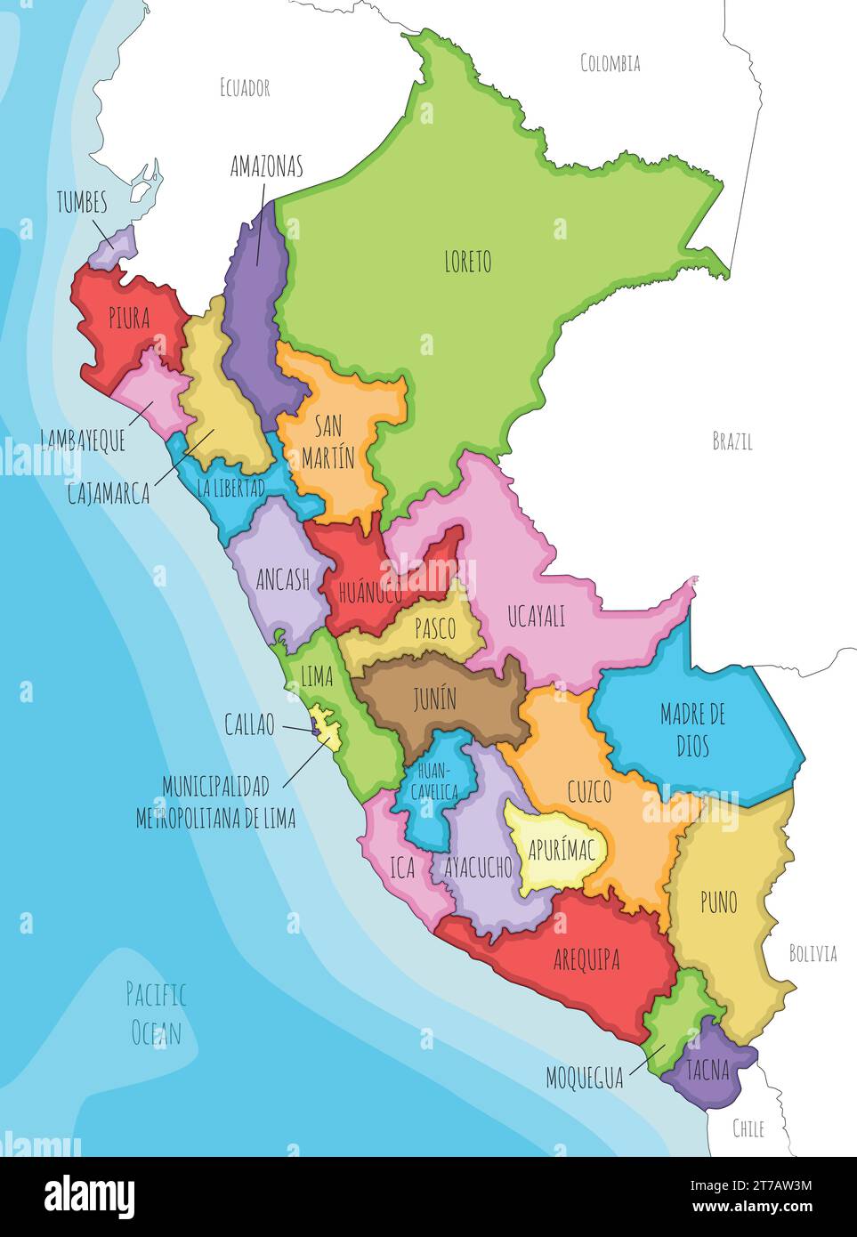 Vector illustrated map of Peru with departments, provinces and administrative divisions, and ...