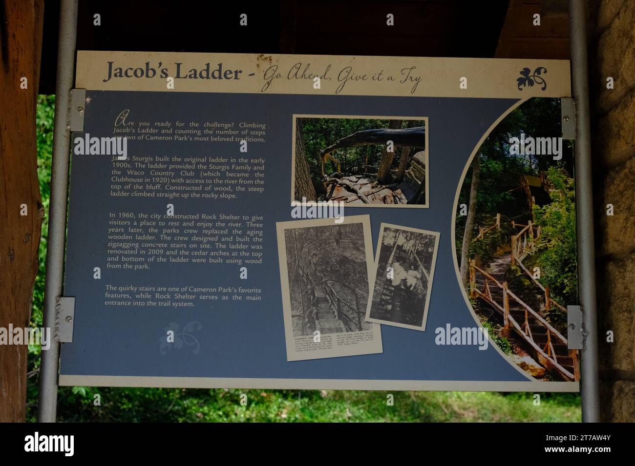 This is a photograph of the Jacobs Ladder sign at Cameron Park in Waco ...