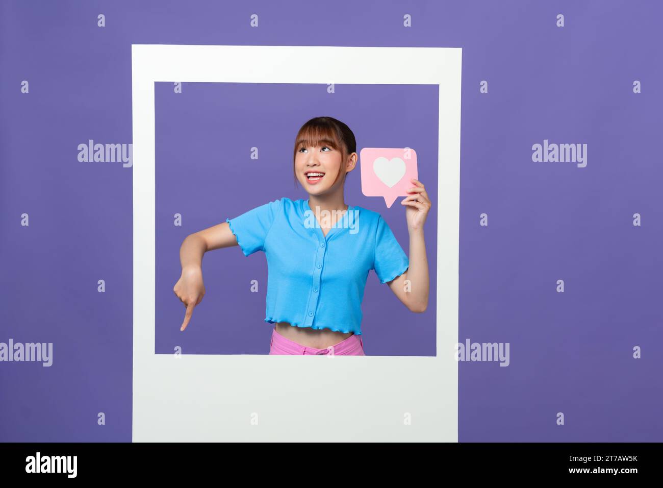 Positive astonished person hands hold Like icon in paper album card ...