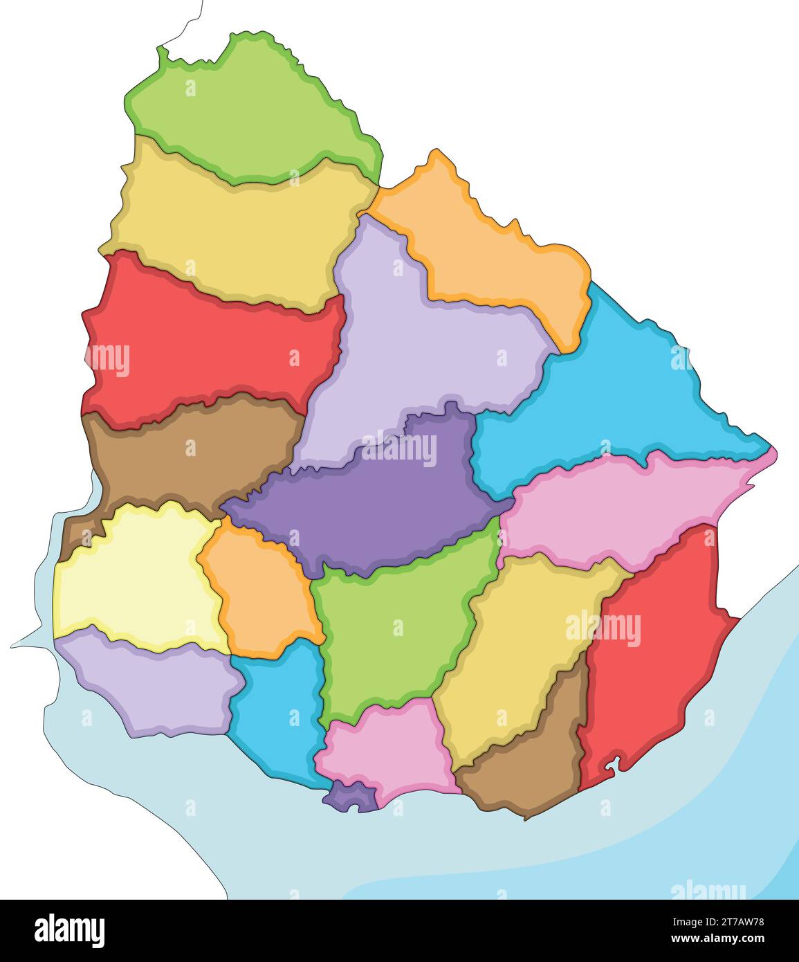 Vector illustrated blank map of Uruguay with departments and administrative divisions, and ...
